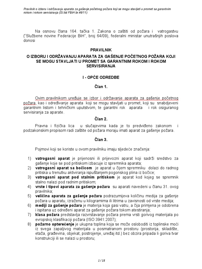 PRAVILNIK o Izboru I Odrzavanju Aparata Za Gasenje Početnog Pozara Koji ...