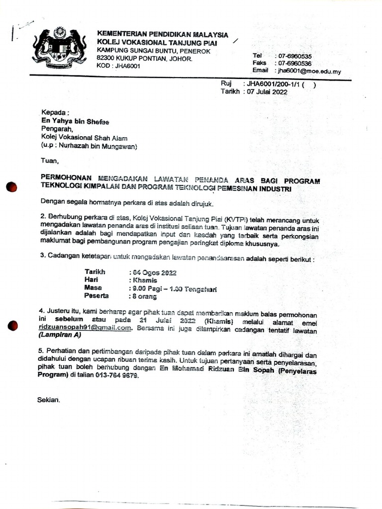 Surat Lawatan Penanda Aras Ke KV Shah Alam | PDF