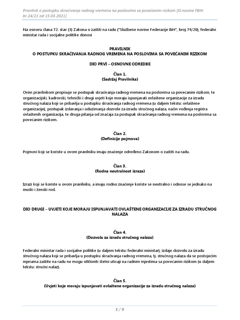 Pravilnik o postupku skraćivanja radnog vremena na poslovima sa ...