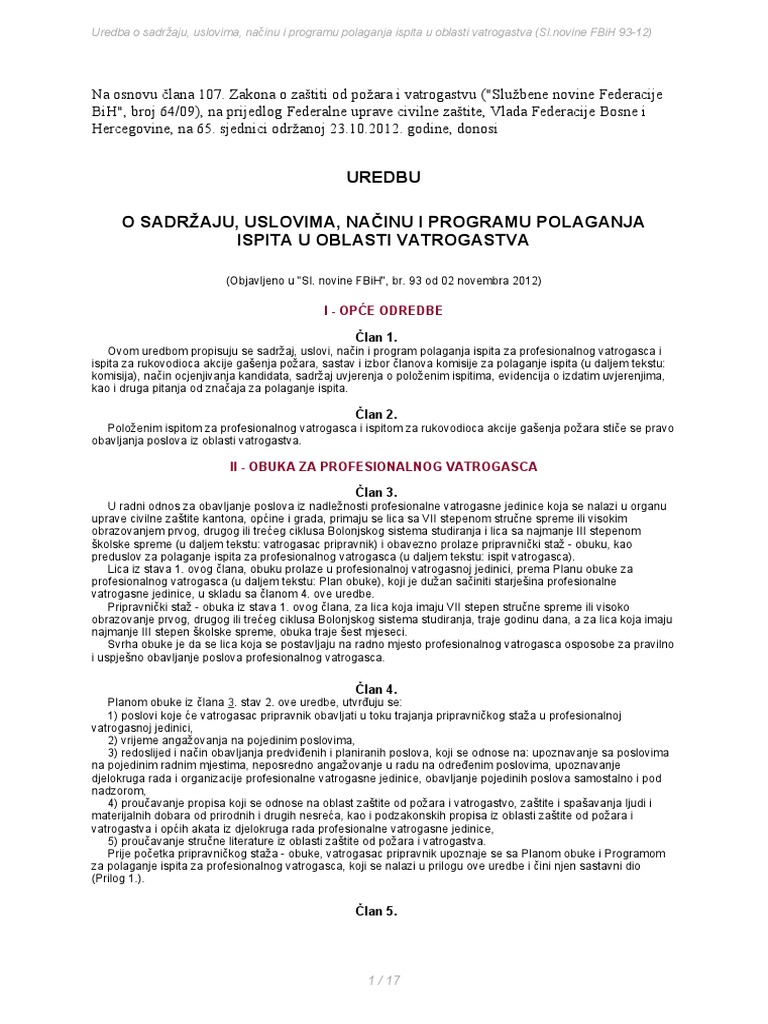 Uredba o Sadržaju, Uslovima, Načinu I Programu Polaganja Ispita U Oblasti Vatrogastva (Sl.n.FBiH ...