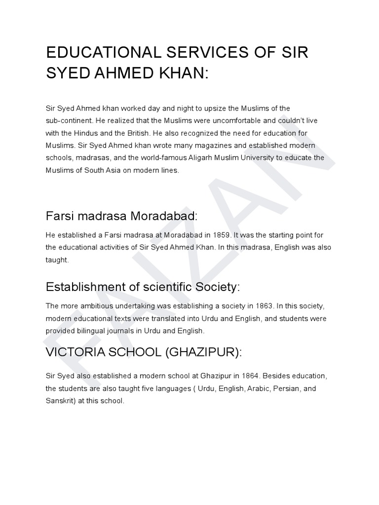 Educational Services of Sir Syed Ahmed Khan | PDF