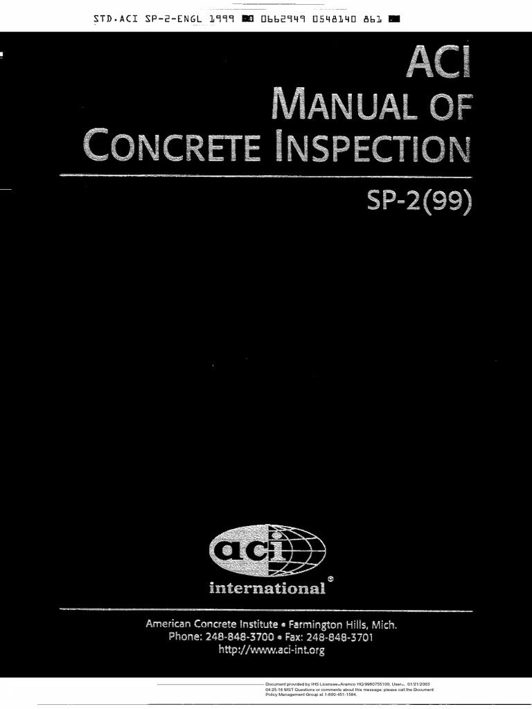 ACI SP-2 (1999) ACI Manual Concrete Inspection | PDF | Concrete | Precast Concrete
