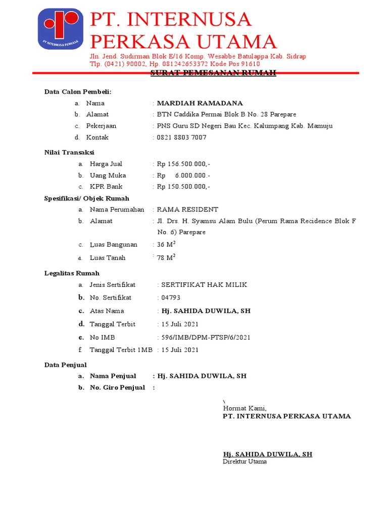 Surat Pesanan PT Internusa Perkasa | PDF