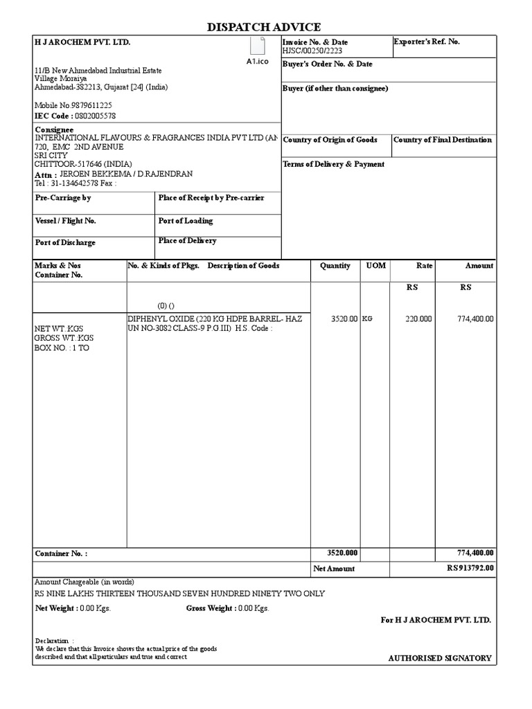 International Flavours and Fragrances-420-420-Dispatch Advice | PDF
