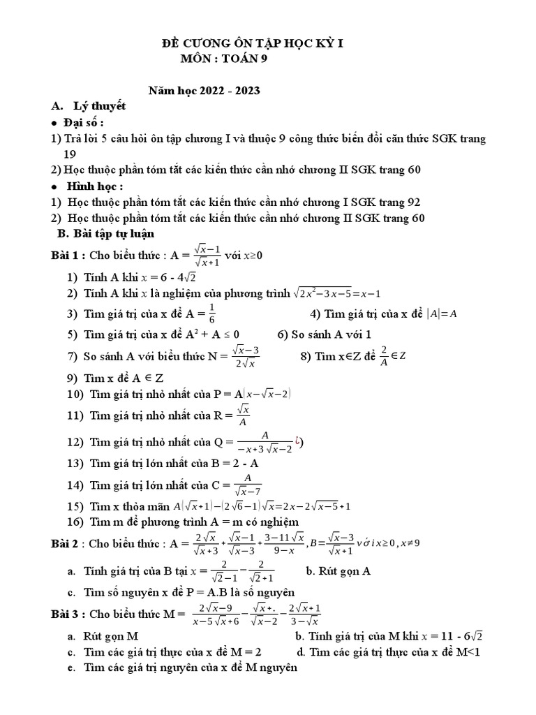 De Cuong On Tap Hoc Ki I Toan 9 2022 - 2023 | PDF
