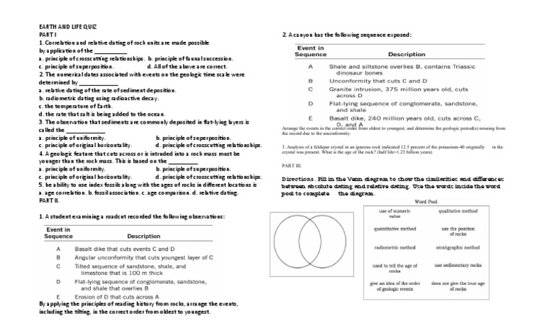 QUIZ - Earth and LIfe - Relative Dating and Absolute | PDF | Geology ...