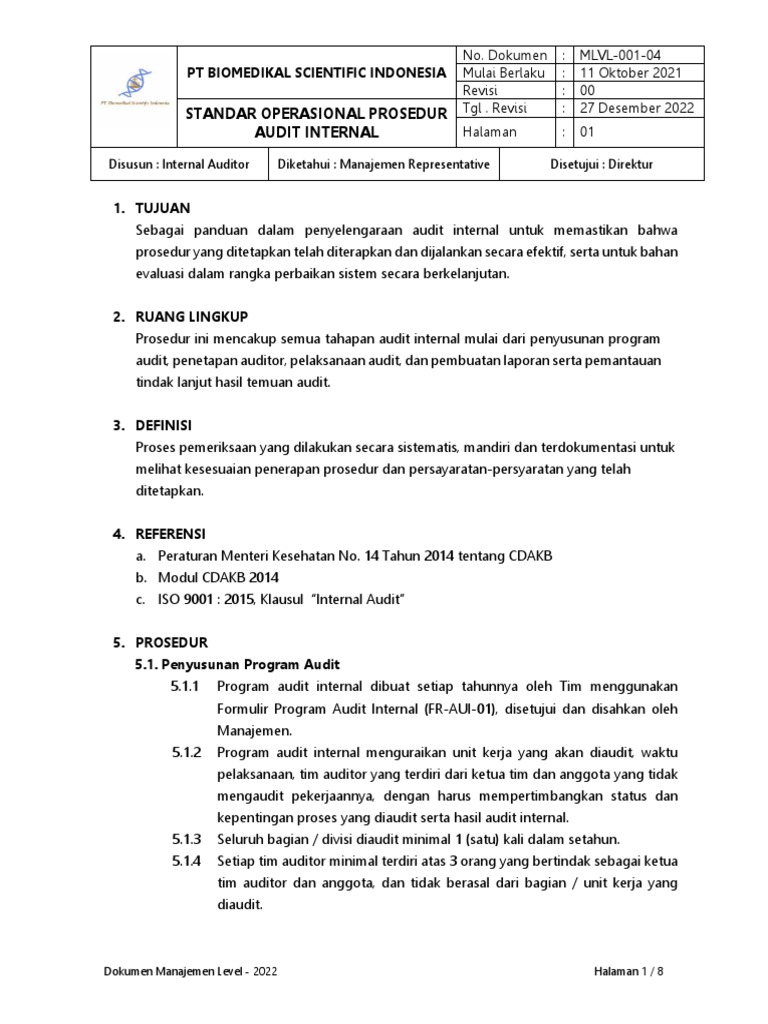 Prosedur Audit Internal MLVL-001-04 | PDF | Teknologi & Rekayasa