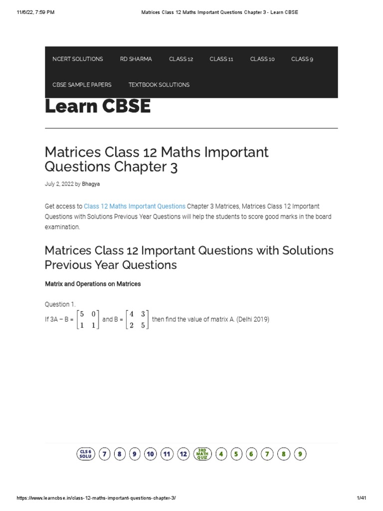 Matrices Class 12 Maths Important Questions Chapter 3 - Learn CBSE ...