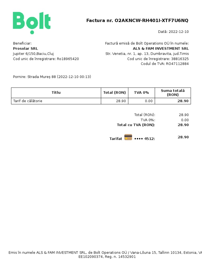 Ride Invoice From Bolt | PDF