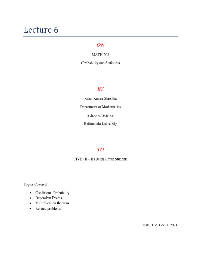 Lecture 6 Probability II | PDF | Probability | Theorem