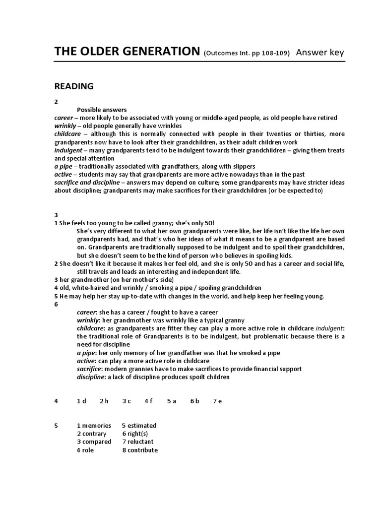 Outcomes Int 2 The Older Generation ANSWER KEY | PDF | Grandparent ...