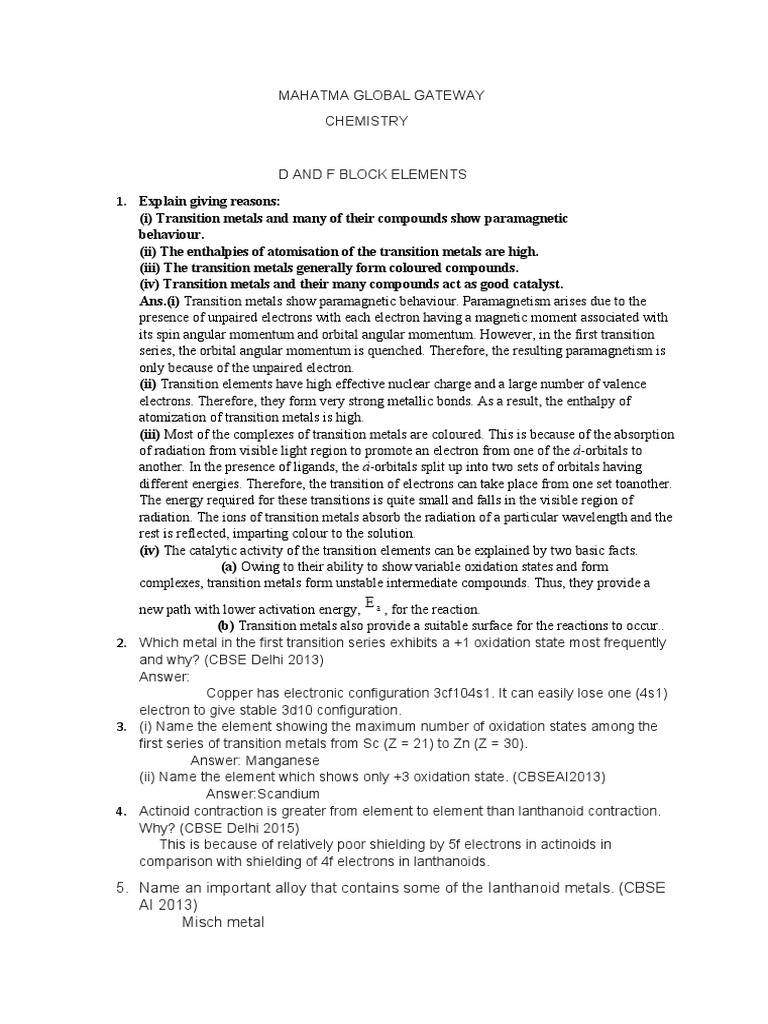 D and F Block Worksheet 2 | PDF | Transition Metals | Electron ...