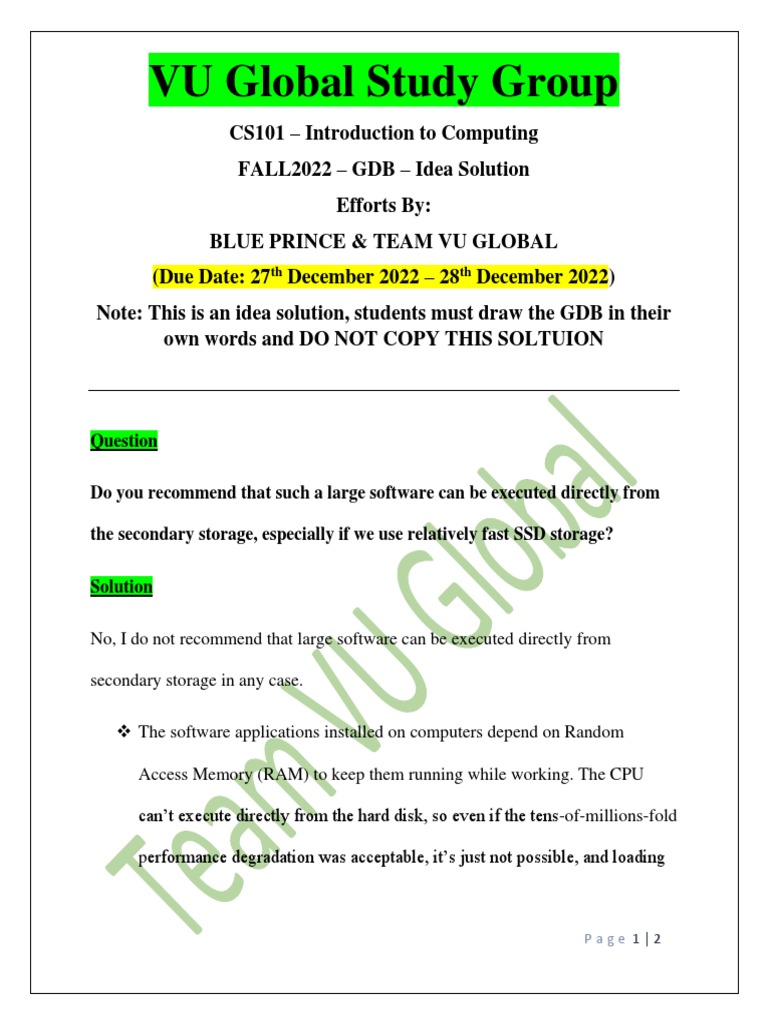 CS101 FALL2022 GDB Solution by Team VU Global | PDF