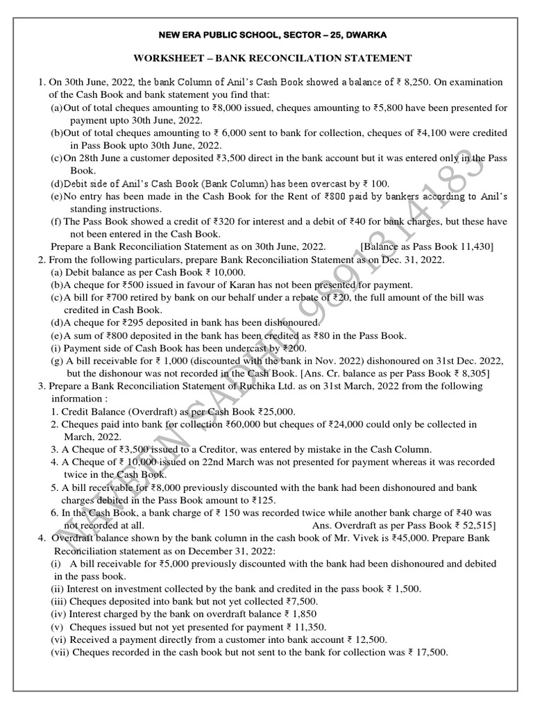 Worksheet BRS | PDF | Banks | Cheque