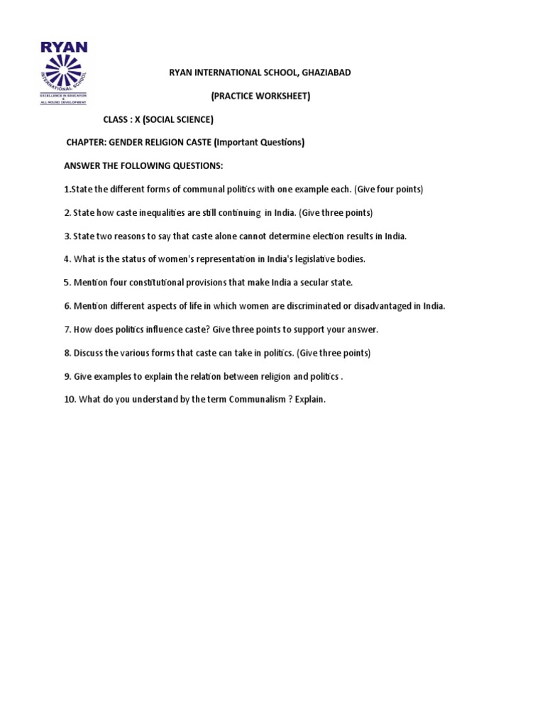 Ryan International School, Ghaziabad (Practice Worksheet) Class: X ...