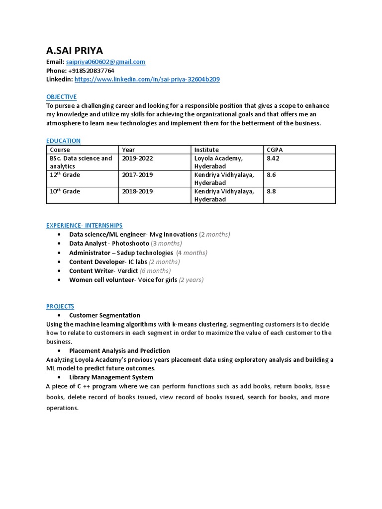Data Scientist Resume - Sai Priya | PDF | Machine Learning | Analytics