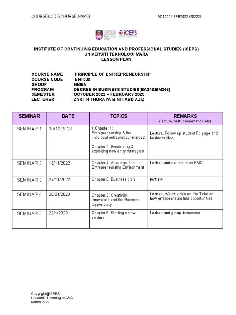 Lesson Plan For Sem October 2022 - February 2023 Iceps | PDF