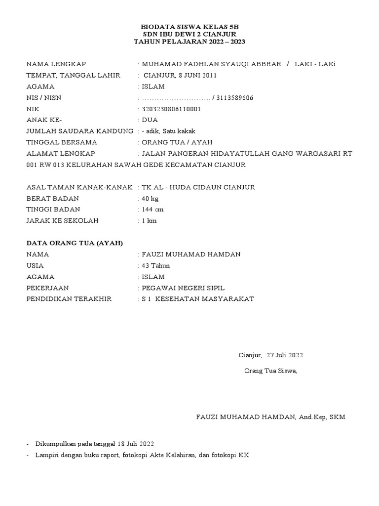 Biodata Siswa SD | PDF