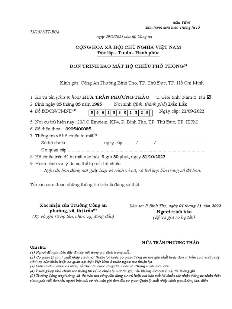 Mau TK05 tt73 Trinh Bao Mat Ho Chieu | PDF