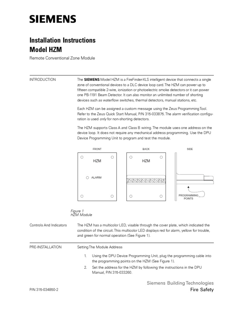 Installation Instructions Model HZM: Remote Conventional Zone Module ...