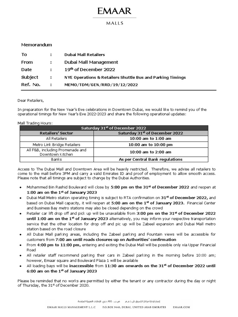 MEMO - Dubai Mall. RRD.19.12.2022 - Memo - NYE Operations & Retailers Shuttle Bus and Parking ...