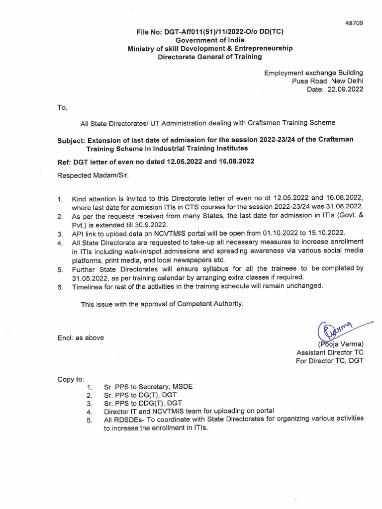 Extension of ITI Admission Up To 30.9.22 - Letter Date 22.09.2022 | PDF