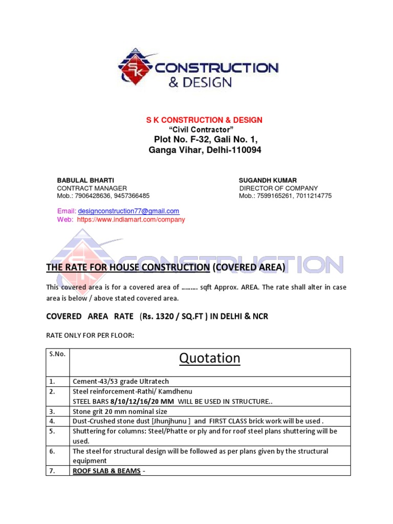 House Construction Quotation Details | PDF | Door | Sink