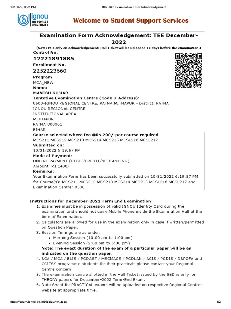 IGNOU - Examination Form Acknowledgement | PDF