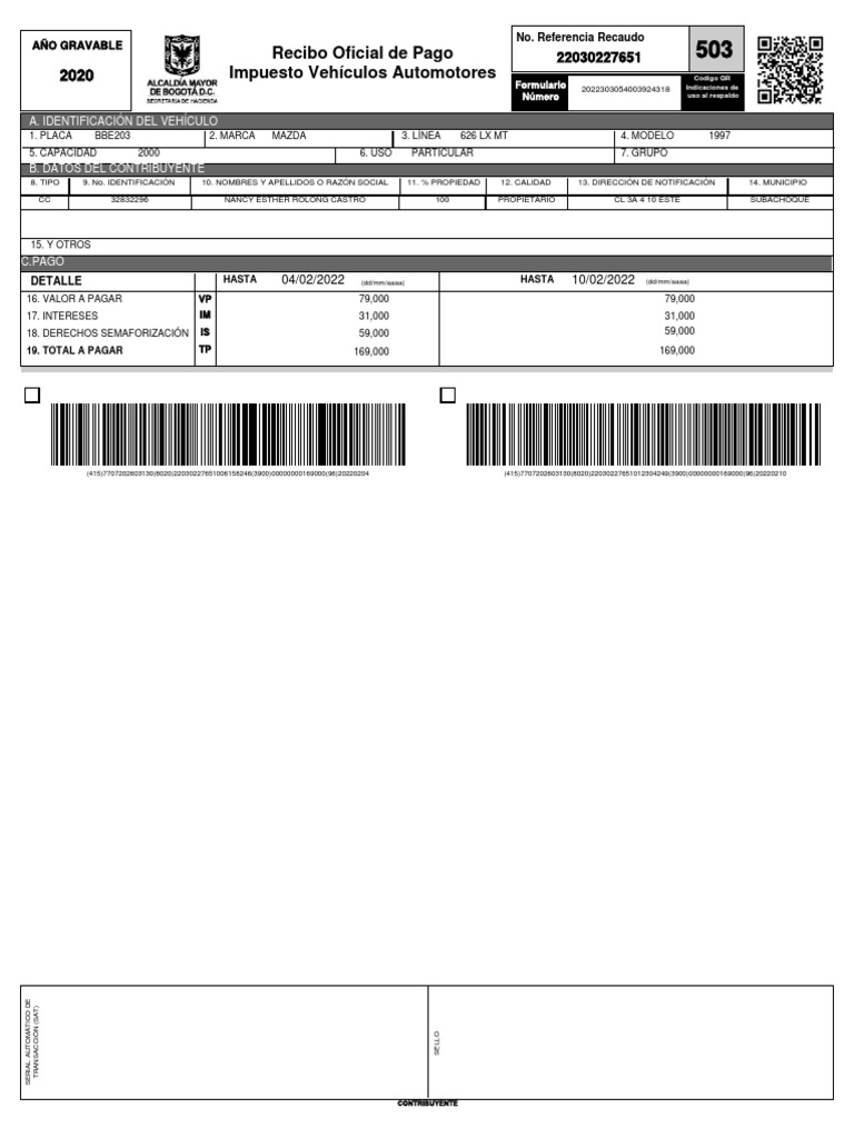 Recibo Oficial de Pago Impuesto Vehículos Automotores: A ...