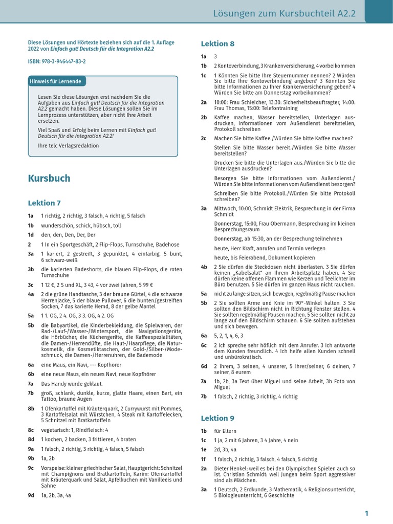 Einfach Gut! A2.2 Loesungen Hoertexte KB AB | PDF