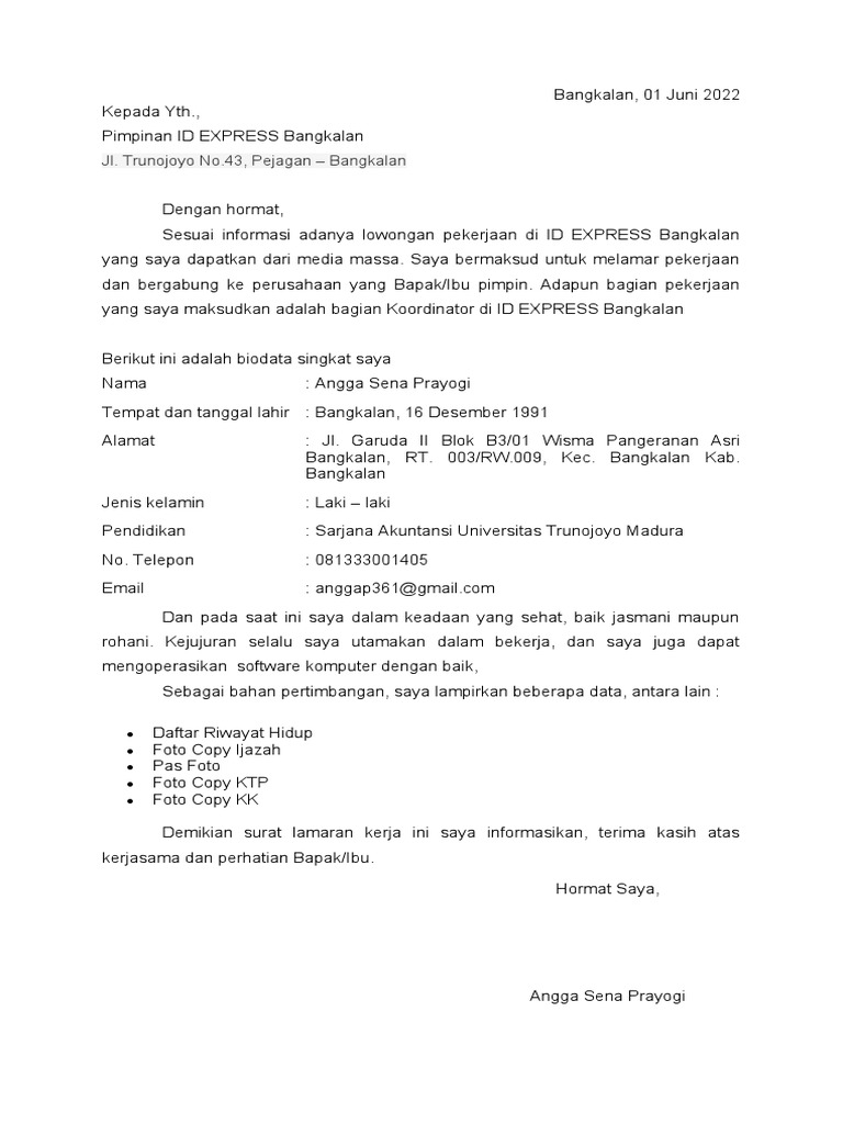 Surat Lamaran Kerja Angga Sena Prayogi | PDF