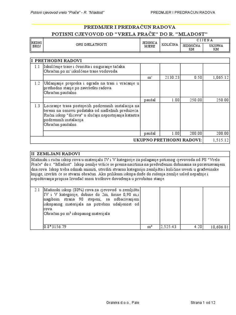 06.2 Predmjer I PREDRAČUN Potisni Cjevovod | PDF
