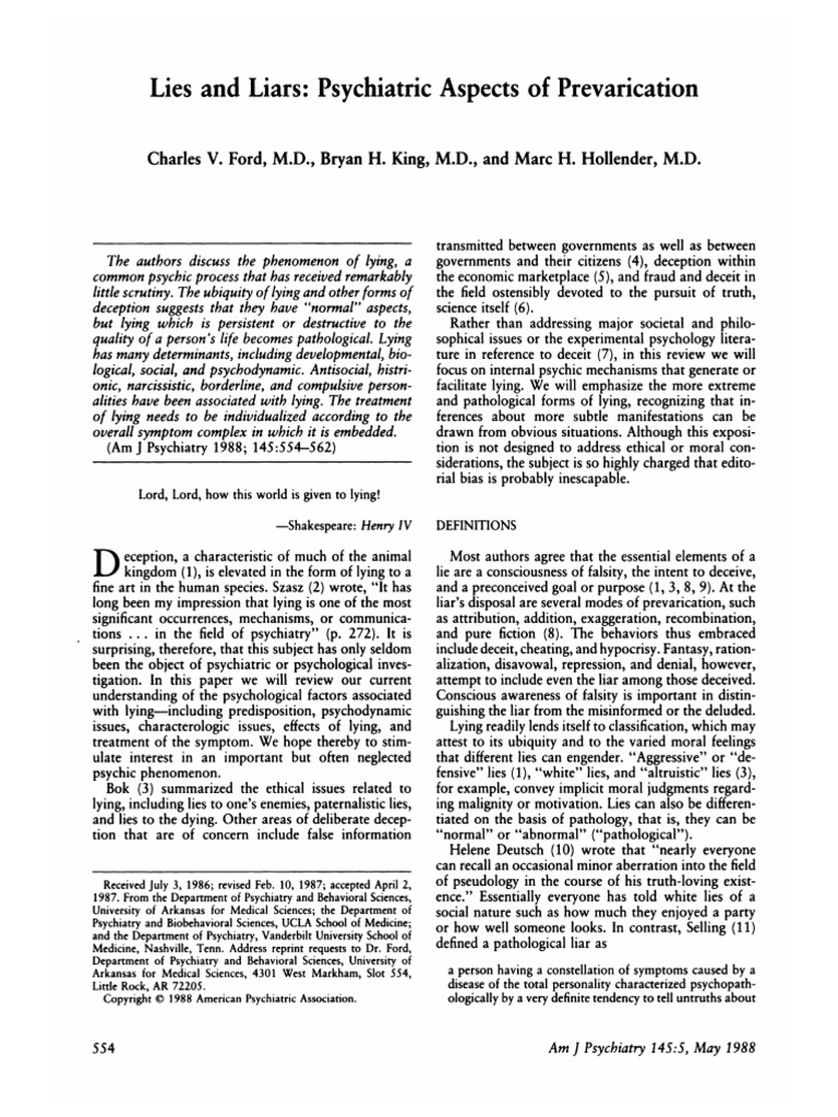 Lies and Liars Psychiatric Aspects of Prevarication 1988 | PDF ...