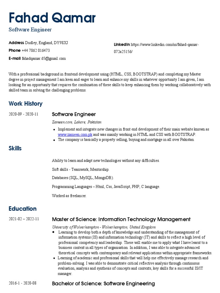 Fahad Qamar's Resume: Profile of a Frontend Software Engineer with Experience in HTML, CSS and ...