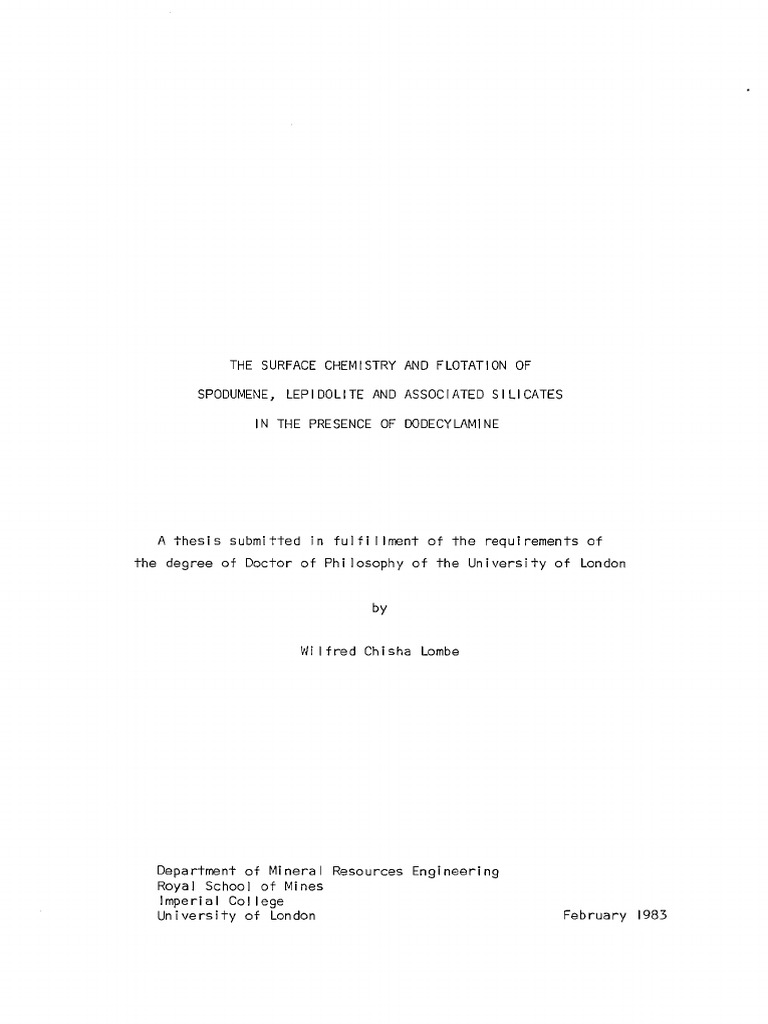 Flotation Li Minerals - Lombe - WC - 1983 - PHD - Thesis | PDF | Chemistry | Materials