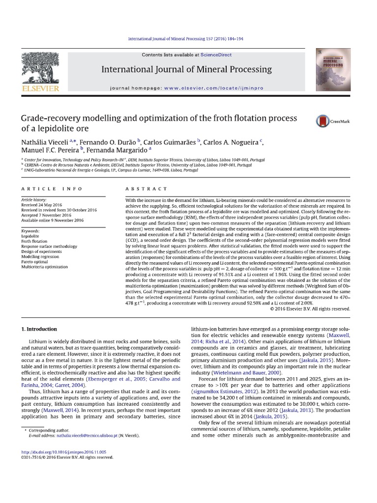 Grade-Recovery Modelling and Optimization of The Froth Flotation Process of A Lepidolite Ore | PDF