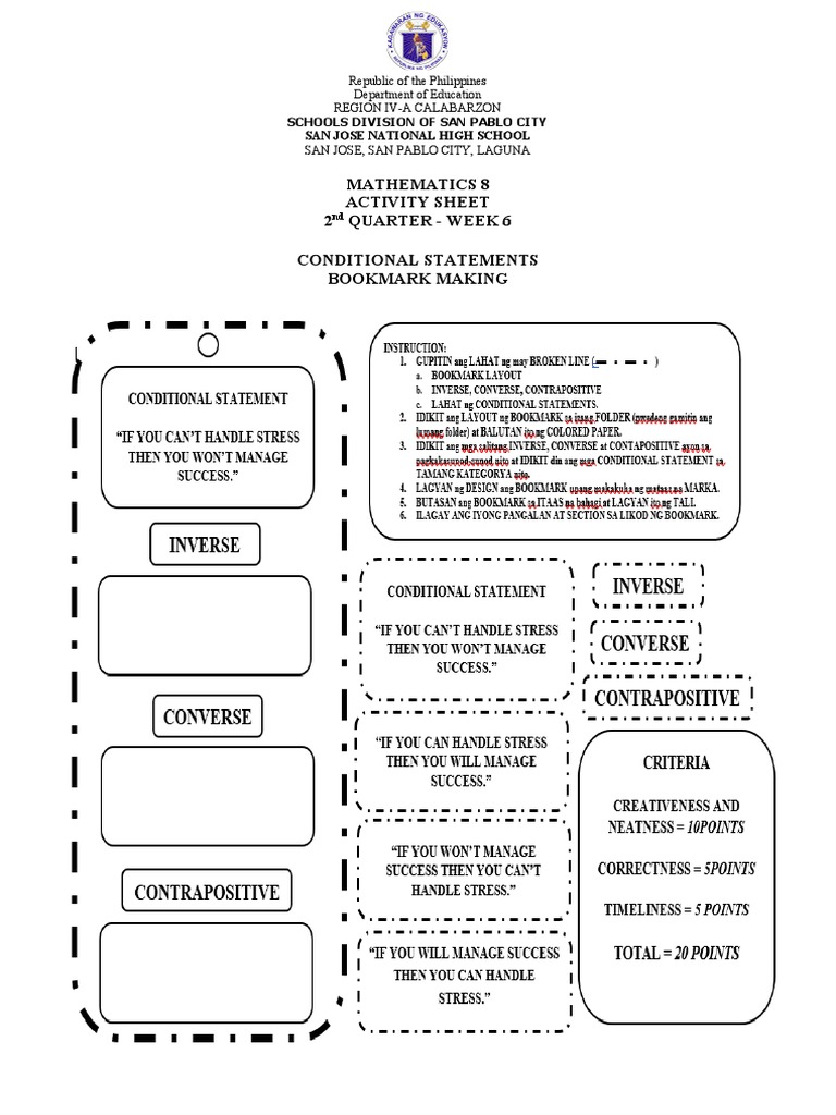 Mathematics 8 Activity Sheet 2 Quarter - Week 6 Conditional Statements Bookmark Making | PDF