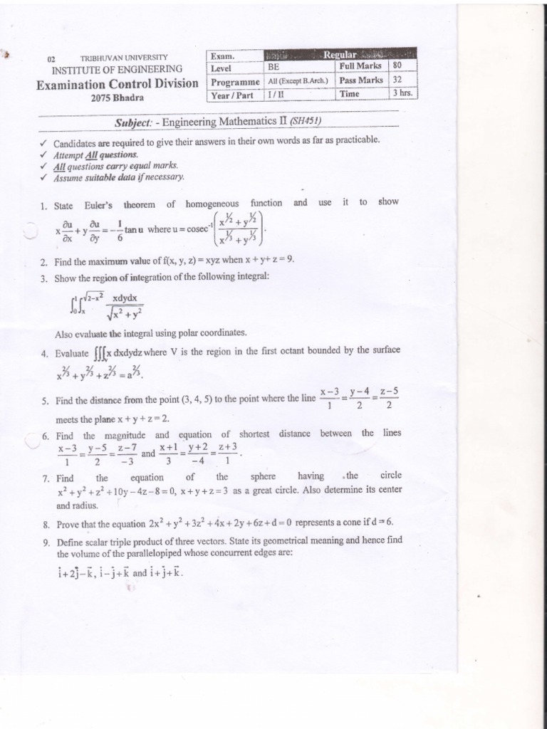 Engineering Mathematics Exam Papers | PDF | Sphere | Equations