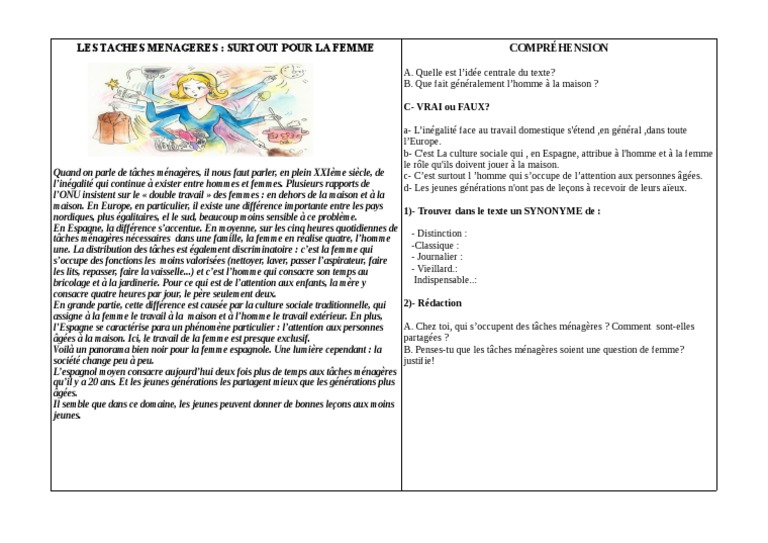 Les Taches Menageres Comprehension Ecrite
