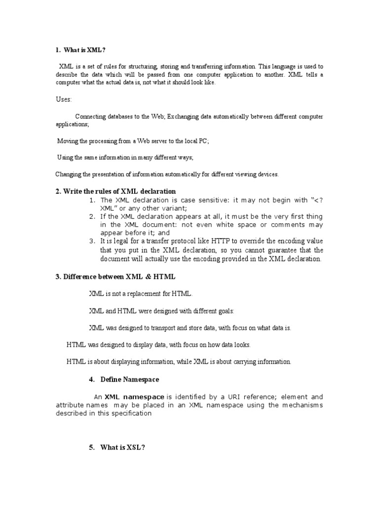 Uses 2 Write The Rules Of Xml Declaration Pdf Xml Html