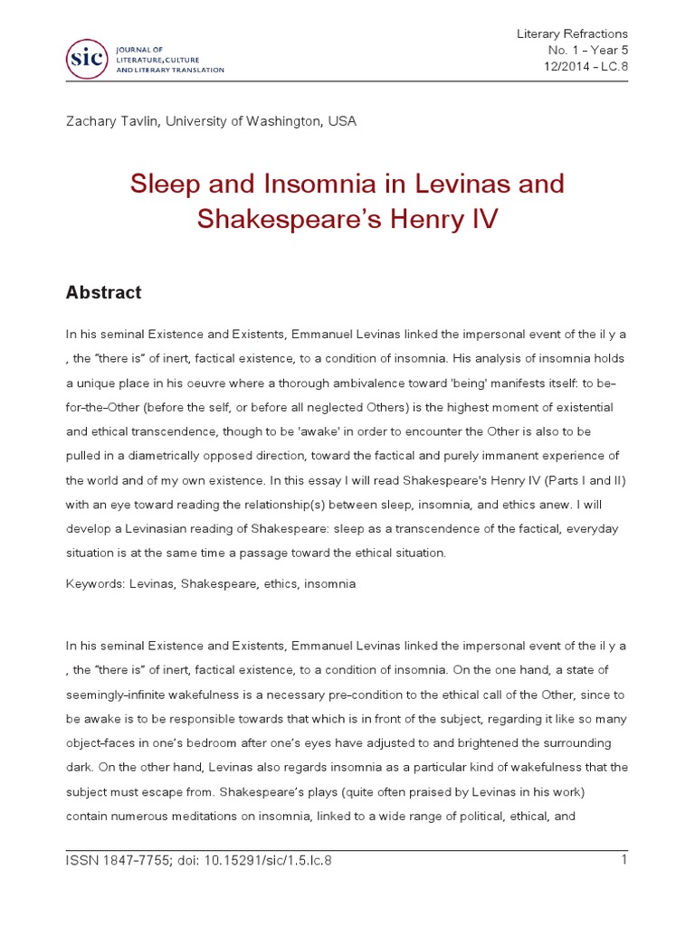Sleep and Insomnia in Levinas and Shakespeare's Henry IV | PDF | Martin ...
