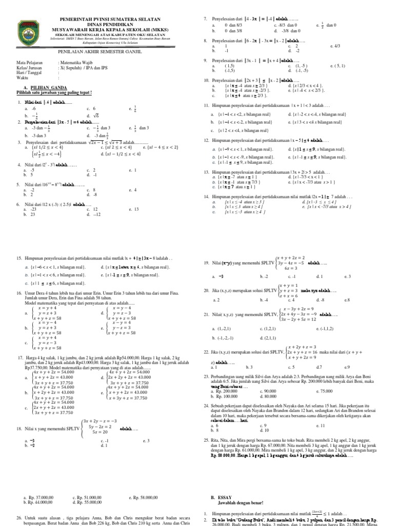 Soal Smester 1 MTK Wajib X | PDF | Metode & Bahan Ajar