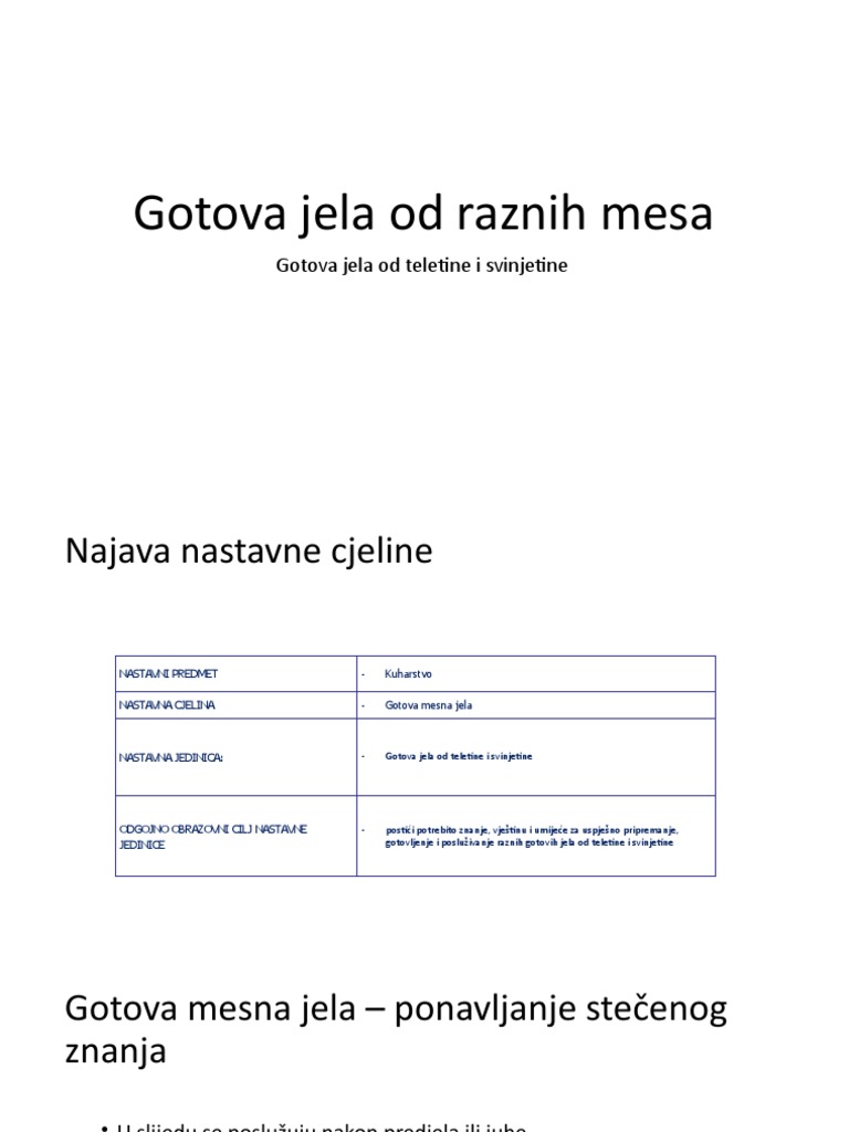 Kuhar Kuh Gotova Jela Od Teletine I Svinjetine 2 Razred | PDF