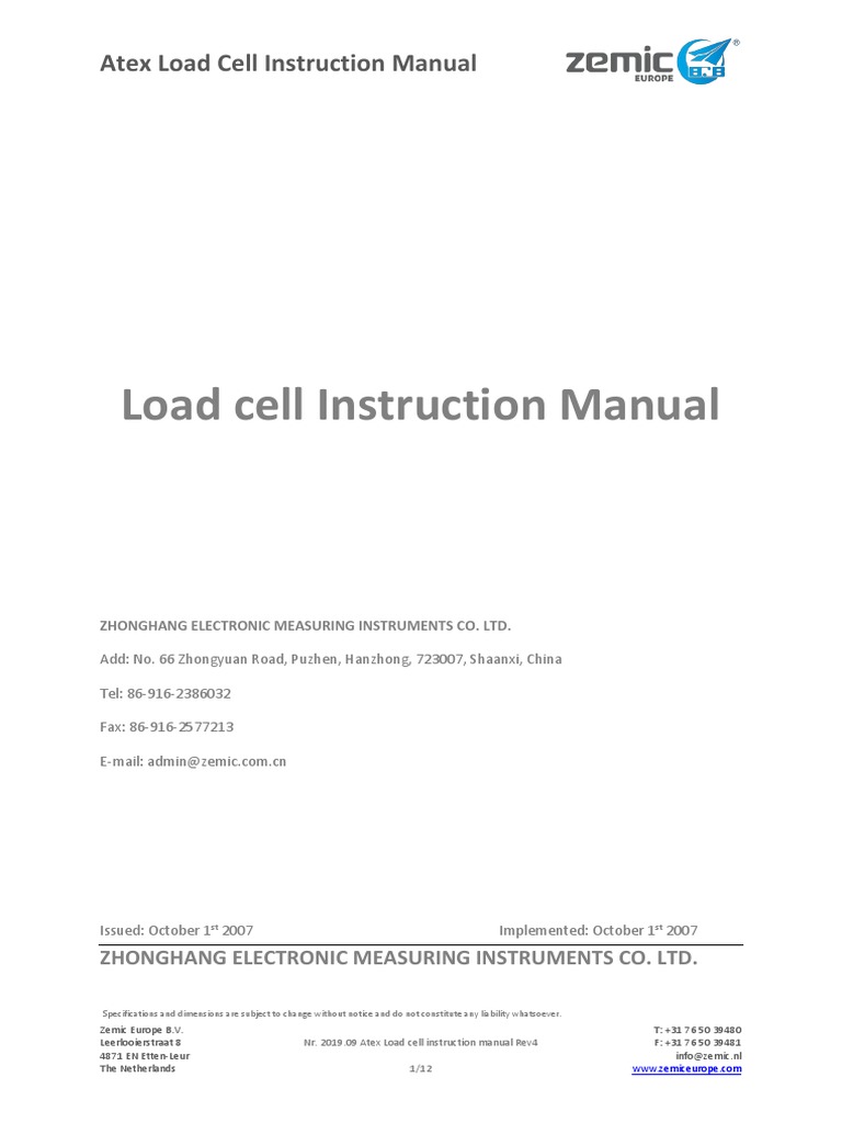 ATEX Load Cell Manual by Zemic | PDF | Electrical Engineering | Electricity
