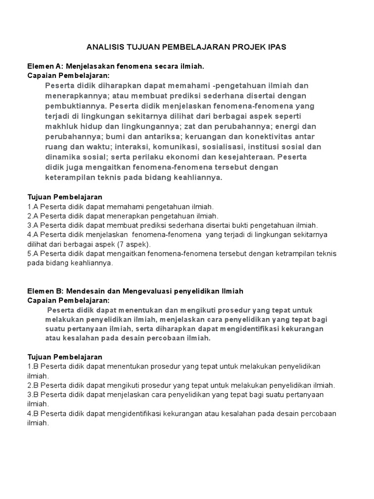 Analisis Tujuan Pembelajaran Projek Ipas | PDF