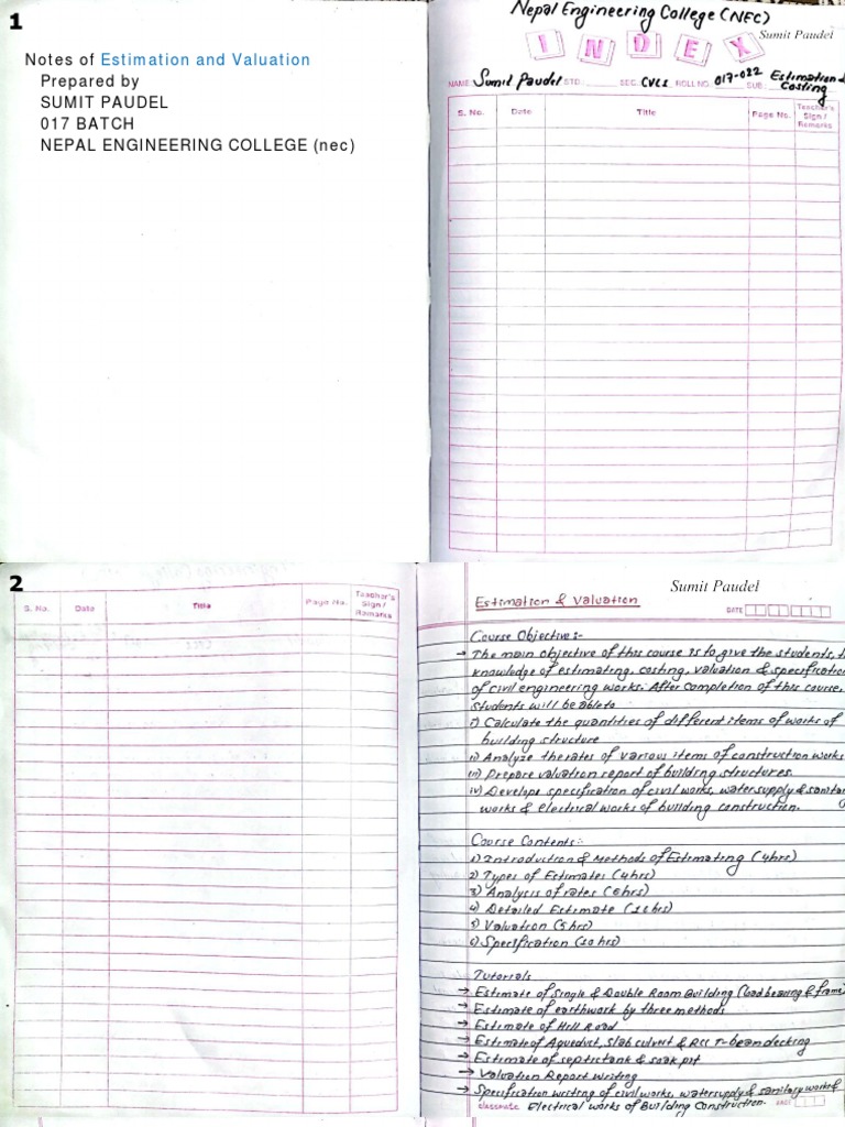 Estimation and Valuation Notes by Sumit Paudel (Nec) | PDF
