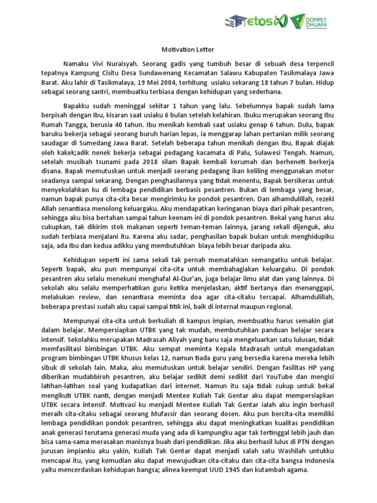 Motivation Letter Vivi Nur | PDF