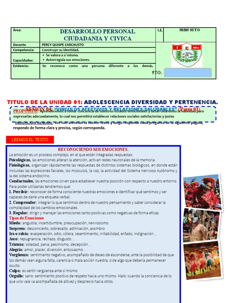 Sesion 4-DPCC 5to Año | PDF | Las emociones | Inteligencia emocional Sesion 4-DPCC 5to Año | PDF | Las emociones | Inteligencia emocional