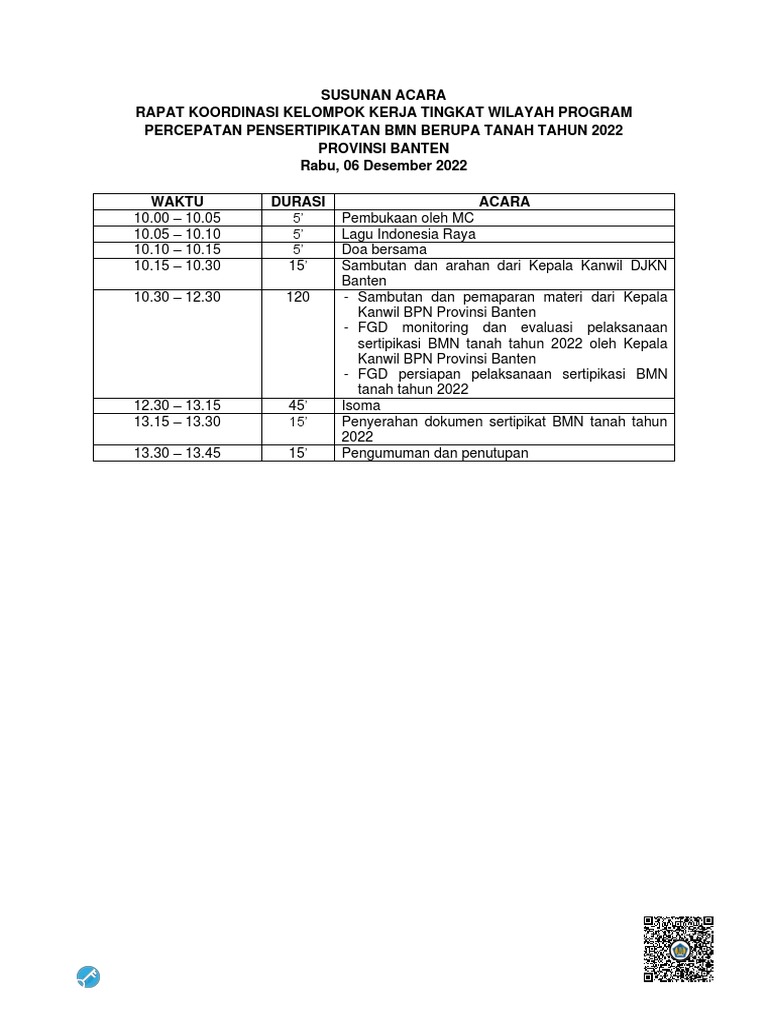 Susunan Acara Rapat Koordinasi POKJA 2022 06122022 | PDF