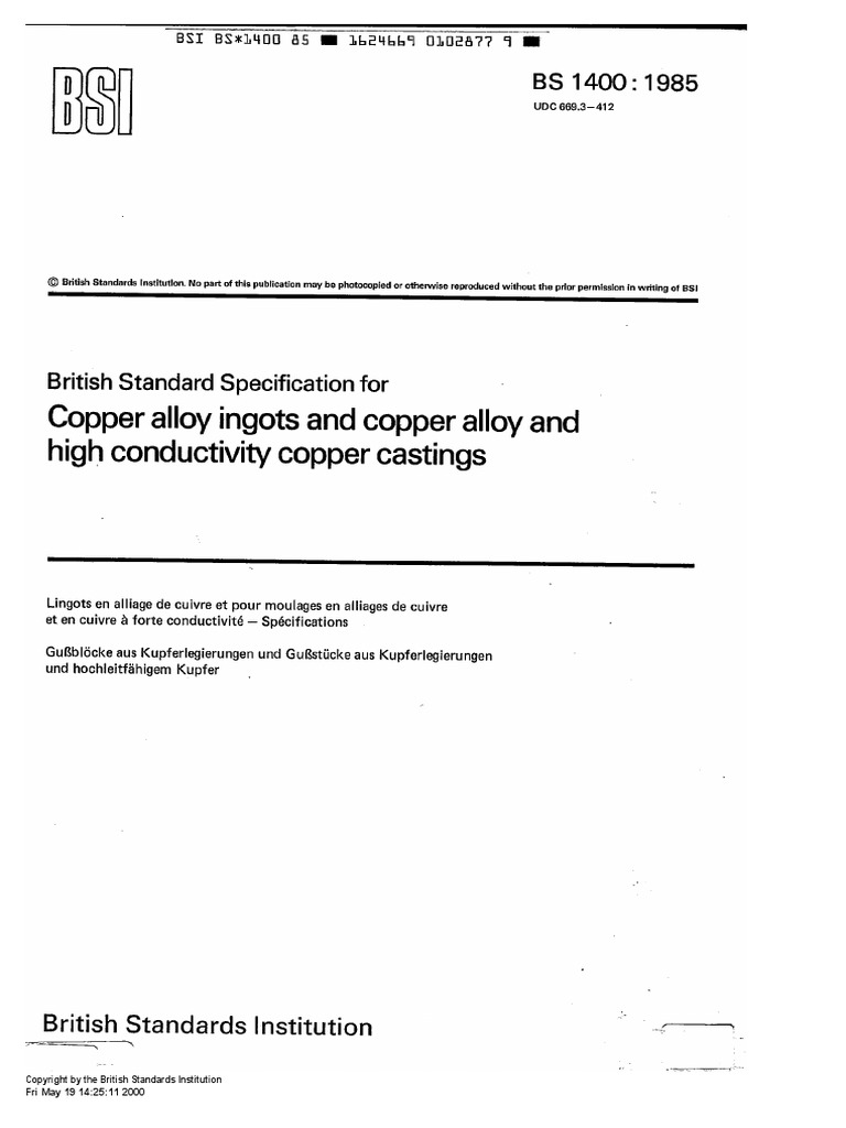 Bs 1400 1985 Specfication For Copper Alloy Ingots and Copper Alloy and ...